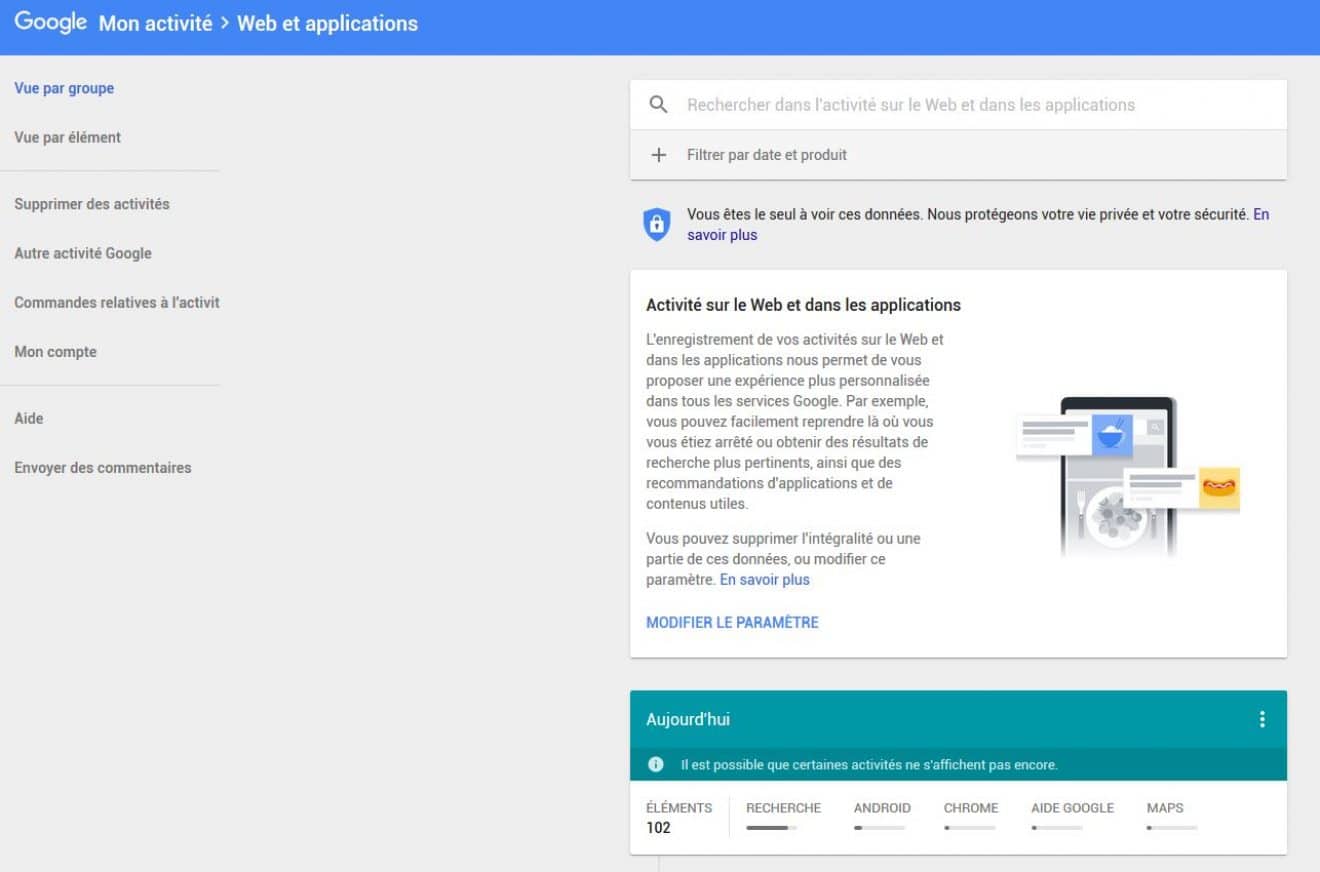 Historique compte Google → Contrôler vos historiques de recherche
